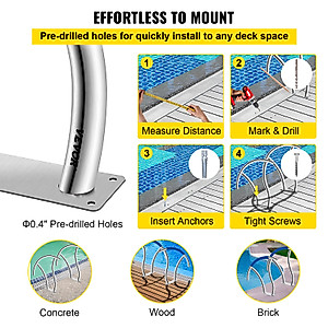 VEVOR Pool Handrail, 2Pack 30"x30" Swimming Pool Stair Rail, 304 Stainless Steel Stair Pool Hand Rail Rated 375lbs Load Capacity, Pool Rail with Quick Mount Base Plate, and Complete Mounting Accessory