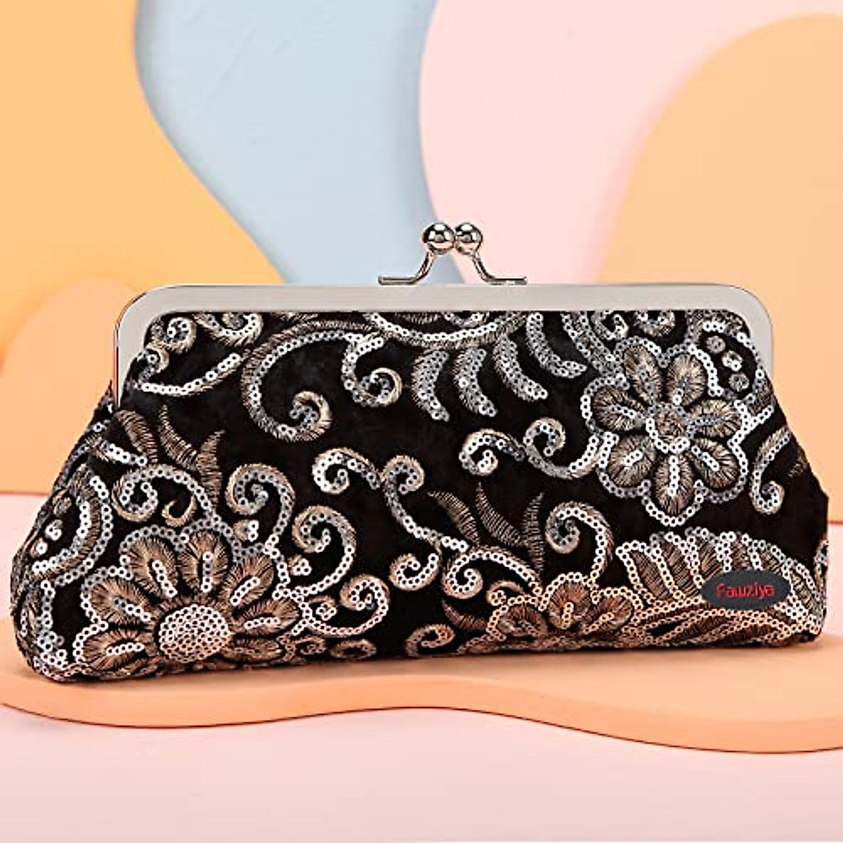 Fawziya Clutch Evening Bags Sequin Velvet Embroidered Kiss Lock PursesKiss Lock Evening Bag-Black