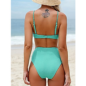 CUPSHE Women Swimsuit Bikini Set Two Piece Bathing Suit High Waisted Ribbed Texture Asymmetrical Bottom, XL Light Green