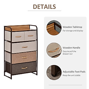 HOMCOM 5-Drawer Fabric Dresser Tower, 4-Tier Storage Organizer with Steel Frame for Hallway, Bedroom and Closet, Maple Wood