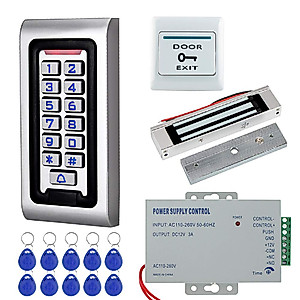 HFeng Door Access Control System Kit IP68 RFID Keypad Waterproof Outdoor + 180KG/320lbs Electromagnetic Electric Magnetic Lock + DC12V 3A Power Supply + 10pcs Keyfobs Tags Door Entry System
