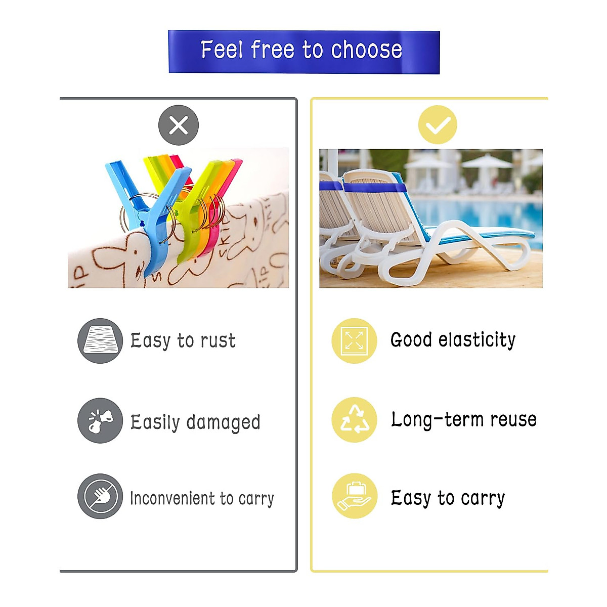 6 Pack Towel Bands for Beach, Towel Chair Clips Option for Beach