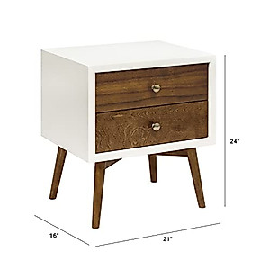 Babyletto Palma 2-Drawer Nightstand with USB Charging Port, Mid-Century, Warm White/Walnut