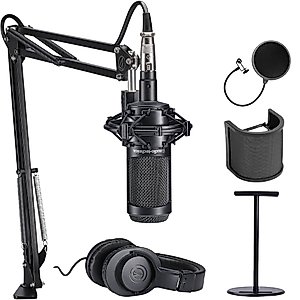 Audio-Technica AT2035PK Studio Condenser Microphone Pack with ATH-M20x Headphones and Cabled Boom Arm with Desktop Headphone Stand, Metal Mesh Microphone Pop Filter and Flexible Pop Filter