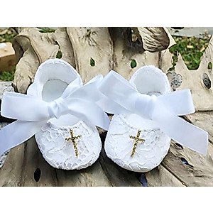 Bow Dream Baby Girl Baptism Christening Shoes and Headband Set White Reinstones 0-3 Months