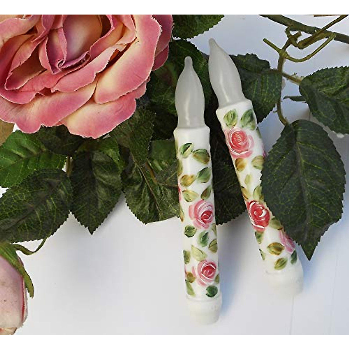 Romantic Decorative Battery Operated 6 Inch Short Flameless Taper Candles with Hand Painted Pink Roses Spring Decor