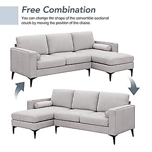 POCIYIHOME 86" Convertible Sectional 2 Pillows, Modern Chenille L-Shaped Couch with Reversible Chaise Lounge, 3-Seater Sofa, Fit for Living Room,Office,Apartment, Polyester, Beige