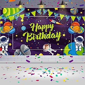 Space Birthday Decorations Banner Outer Space Happy Birthday Banner Backdrop, Astronaut Rocket Space Birthday Banner Space Themed Party Decorations Supplies for Boys Girls Kids 72.8x43.3 Inch