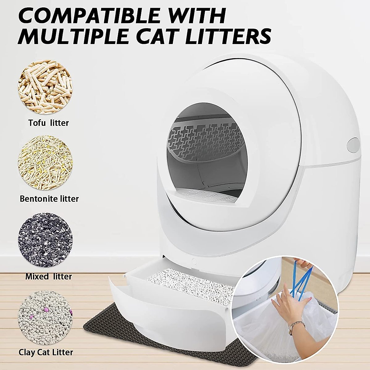 Self-Cleaning Cat Litter Box, Large Automatic Cat Litter Box for Multiple Cats, Cat Robot Litter Box with Cover, APP Control Smart Cat Litter Box with Garbage Bags/Brush, Smart Health Monitor