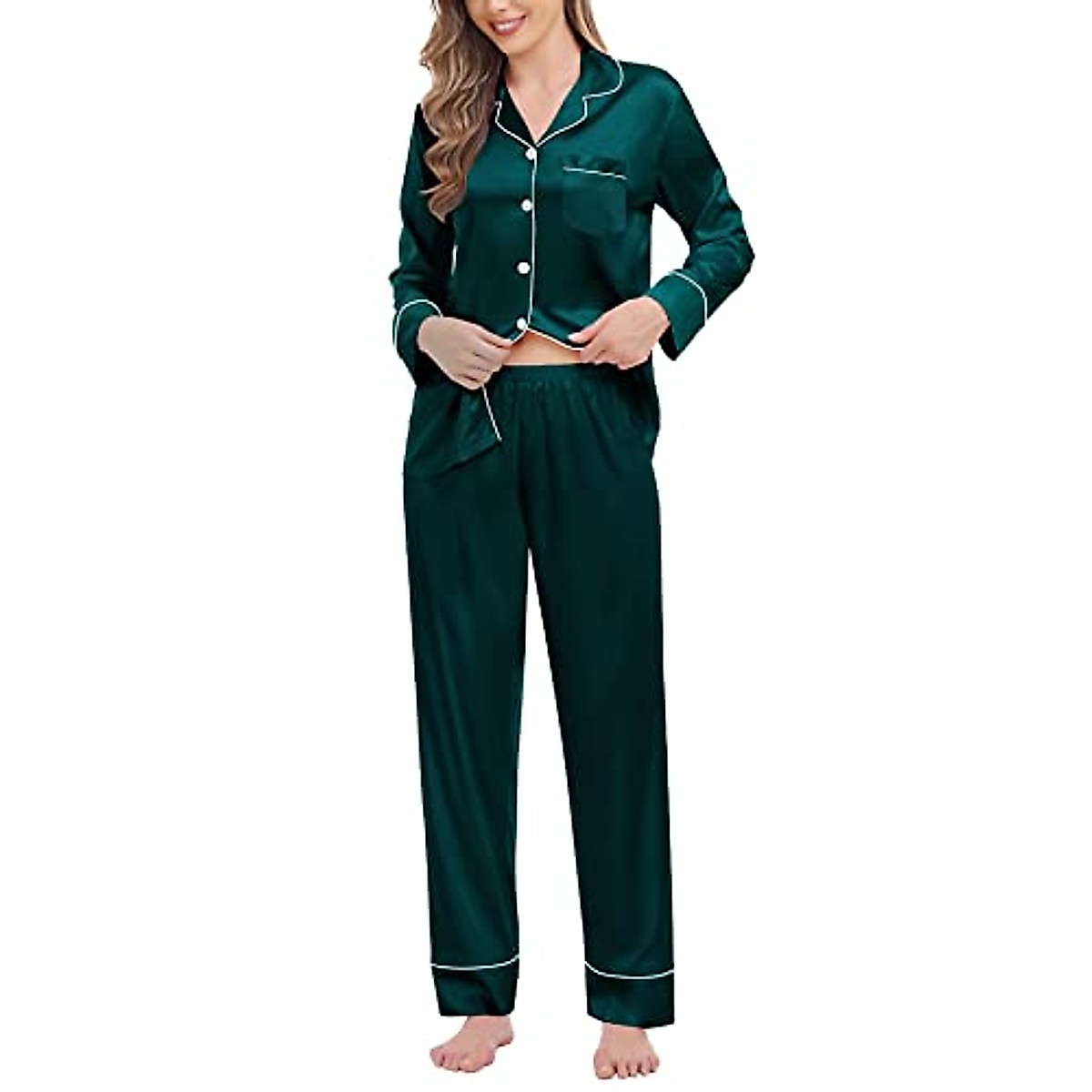 SWOMOG Women's Silk Satin Pajamas Loungewear Two-piece Sleepwear Button-Down Pj Set S-XXL Deep Green