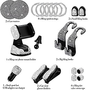 Tallew 20 Pieces Car Accessories for Women, Bling Car Accessories Set, Bling Car Phone Holder Mount, Bling Dual USB Car Charger, Car Coasters, Bling Glasses Holders (White)