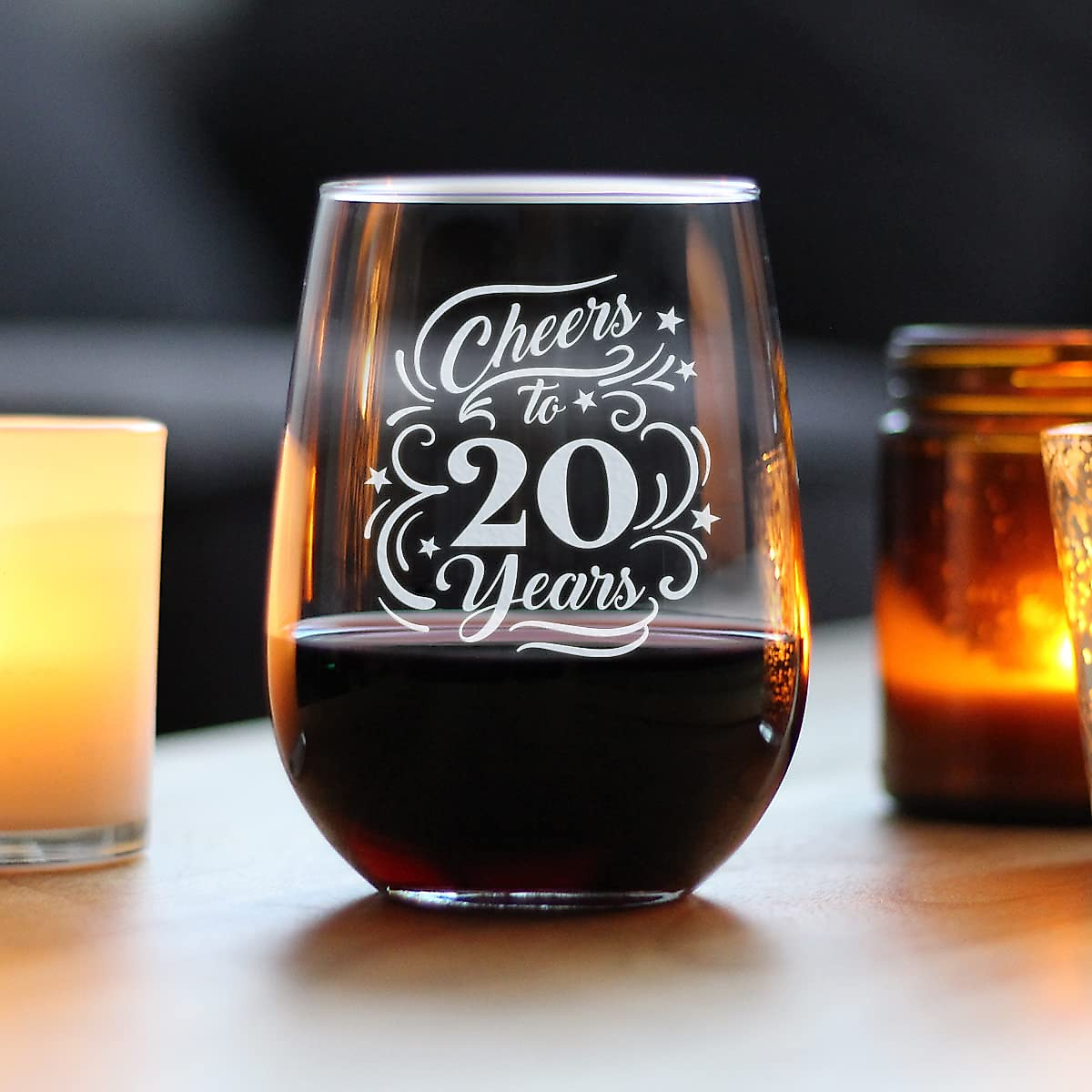 Cheers to 20 Years - Stemless Wine Glass Gifts for Women & Men - 20th Anniversary or Birthday Party Decor - Large 17 Ounce Glasses