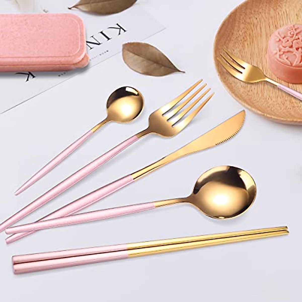 AARAINBOW 8 Pieces Stainless Steel Flatware Set Portable Reusable Cutlery Set Travel Utensils Set Including Chopsticks Knife Fork Spoon Straws Cleaning Brush Dishwasher Safe (Pink Golden)