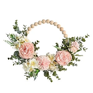 WERTSW 13 inch Wood Beads Floral Wreath Artificial Peony Flower Vine Wreath, All Seasons Farmhouse Hanging Wall Hoop Garland for Wedding Front Door Porch Decor Boho Wreath, Pink Peony