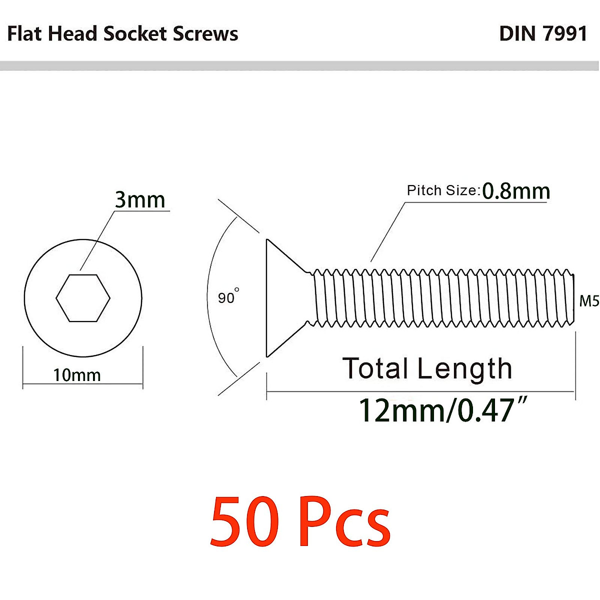 50 Pcs M5-0.8 x 12mm Flat Head Socket Cap Screws Bolts, Stainless Steel 18-8 (304), Bright Finish, Allen Socket Drive,Machine Screws Inner Hex Screw Fasteners Bolts