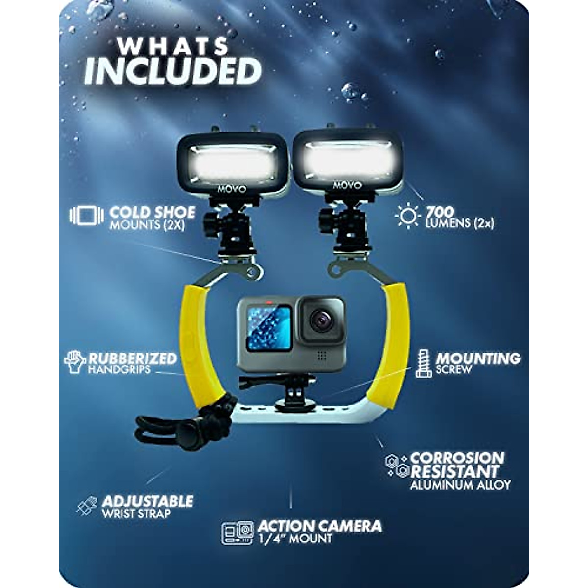 Movo DiveRig3 Diving Rig Bundle with 2 Waterproof LED Lights - Compatible with GoPro HERO3, HERO4, HERO5, HERO6, HERO7, HERO8, and DJI Osmo Action Cam - Scuba Accessories for Underwater Camera