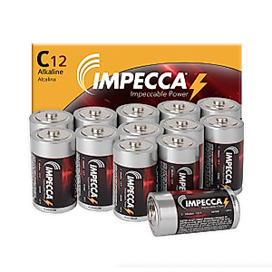 Impecca C Batteries High-Performance Alkaline C Cell Battery with A 10 Year Ultra Long Lasting Shelf Life Leak Resistant 1.5V All-Purpose Batteries Platinum Series, 12-Pack