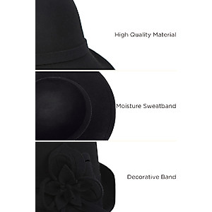 BABEYOND Womens 1920s Bucket Cloche Hat Gatsby Winter Wool Crushable Bowler Hat Vintage Cloche Round Hat with Flower Accent (Black)