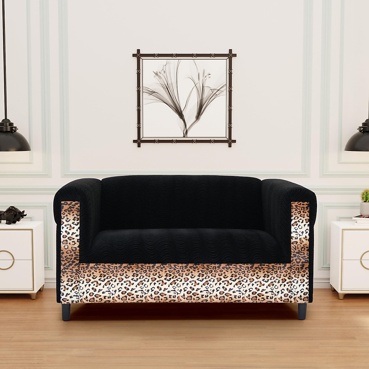 Coast to Coast Sofas Broadway Velvet Black Loveseat Sofa for Living Room with Leopard Print, Modern Décor Love Seat Mini Small Couches for Small Spaces and Bedroom with Solid Wood Frame