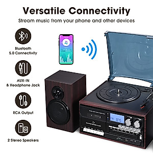 AW Vinyl Record Player with Speakers Turntable for Vinyl Records Stereo System for Home Bluetooth Tape Cassette CD Player Retro All in 1 AM/FM Radio