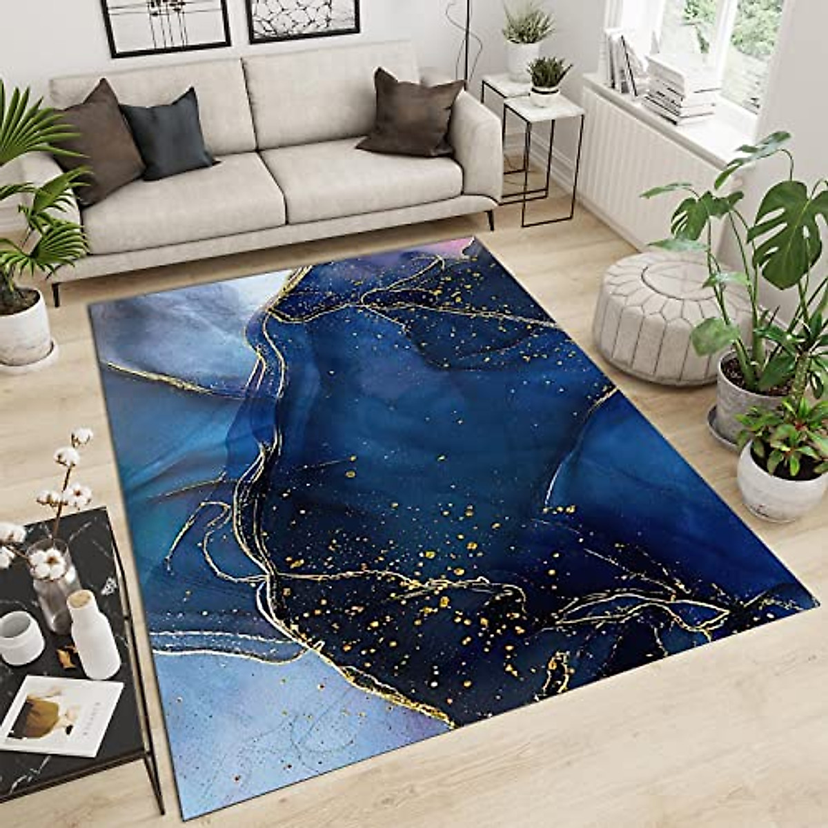 Luxury Geometric Blue Gold Water Ripple Area Rug, with Non-Slip Backing Easy Maintenance Bedroom Rug for Home Office Living Room Bedroom Kitchen Soft Area Rug-2x3ft