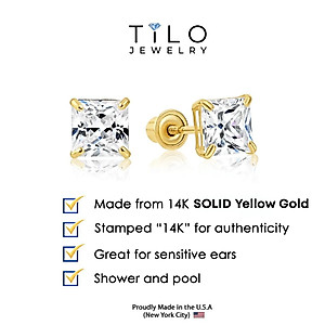 14k Yellow Gold Solitaire Square Princess-cut CZ Stud Earrings with Secure Screw-backs (4mm)…