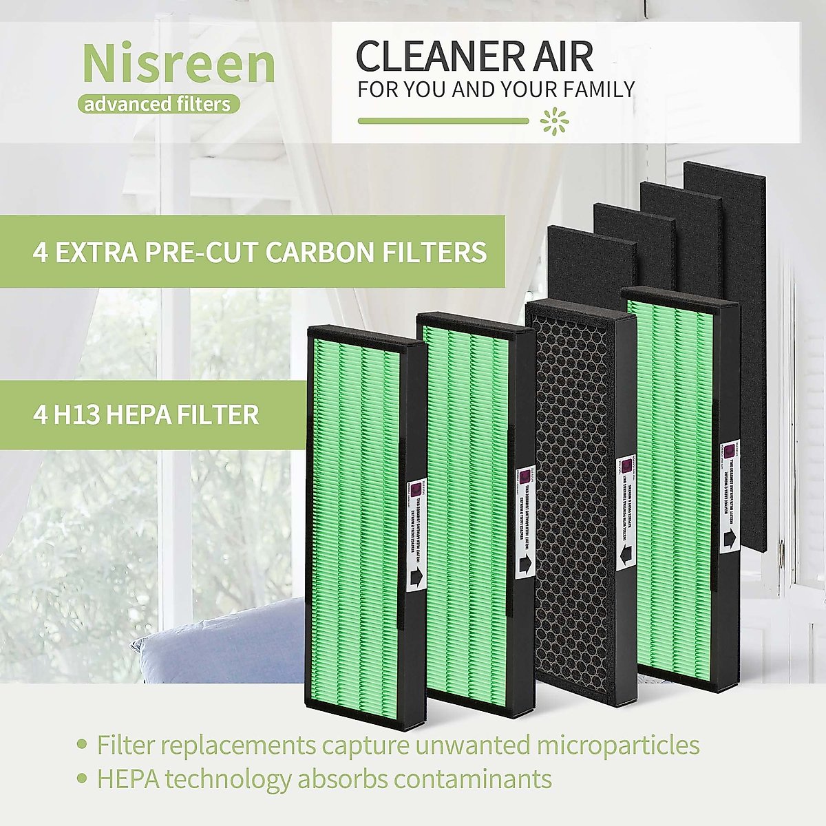 【Upgraded】Nisreen FLT5000 Filter-C True HEPA Filter Compatible with Germ-Guardian Filter C AC5250PT AC5000E AC5300B AC5350W for Improving Moist Conditions, 4 H13 HEPA & 4 Extra Carbon Pre-Filters