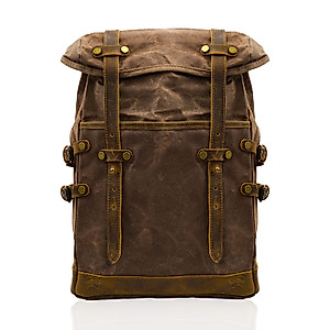 Waxed Canvas Leather Hiking Travel Waterproof Backpack for School Weekend Travel Fit 15in laptops (Coffee)
