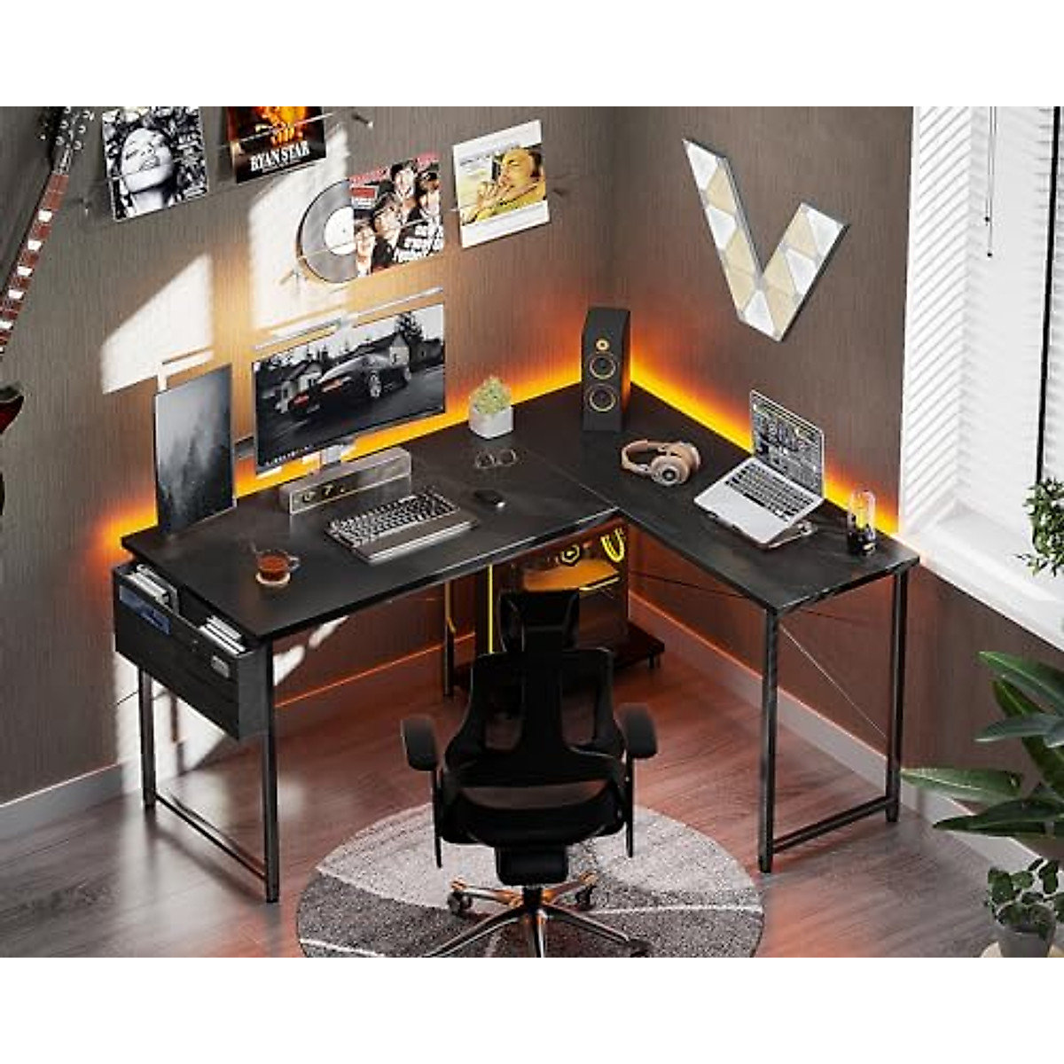 AODK L Shaped Desk, 50 Inch Computer Desk with Storage Bag, Reversible Home Office Desk with Host Stand, Black Corner Table for Bedroom Studio, Modern Wood PC Desk for Study Work