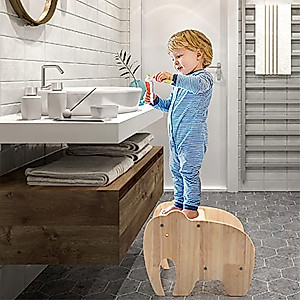 DyPinYise Wooden Step Stool for Kids, Toddler Step Stool of Elephant Shape Two Step Children's Stool for Bathroom Sink, Kitchen, Bedroom, Potty Training