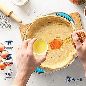 Baking Pan 8 Piece Set Nonstick Gold Carbon Steel Oven Bakeware Kitchen Set with Silicone Handles, Cookie Sheet, Roasting Pan, Lid, Square Pan, Pie Pan, Loaf Pan, Pizza Crisper, Muffin Pan by PERLLI