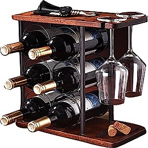 Fadak Wine Rack with Glass Stand, Countertop Wine Rack, Wooden Wine Rack with Trays, Perfect Home Decor & Kitchen Storage Rack, etc.(Accommodates 6 Bottles and 2 Glasses) (B)