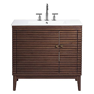 Modway Ledger Wood Bathroom Vanity Cabinet, 36 Inch, Walnut White