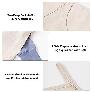 HSOFTIFY 100% Pure Linen Dual Hanging Laundry Bag with 2 Deep Pocket and 2 Side Zipper 20x27in, Over The Door Laundry Hamper Space Saving Hampers for Dirty Clothes Home Travel, Linen