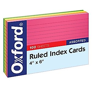 Oxford Neon Index Cards, 4" x 6", Ruled, Assorted Colors, 100 Per Pack (99755EE)