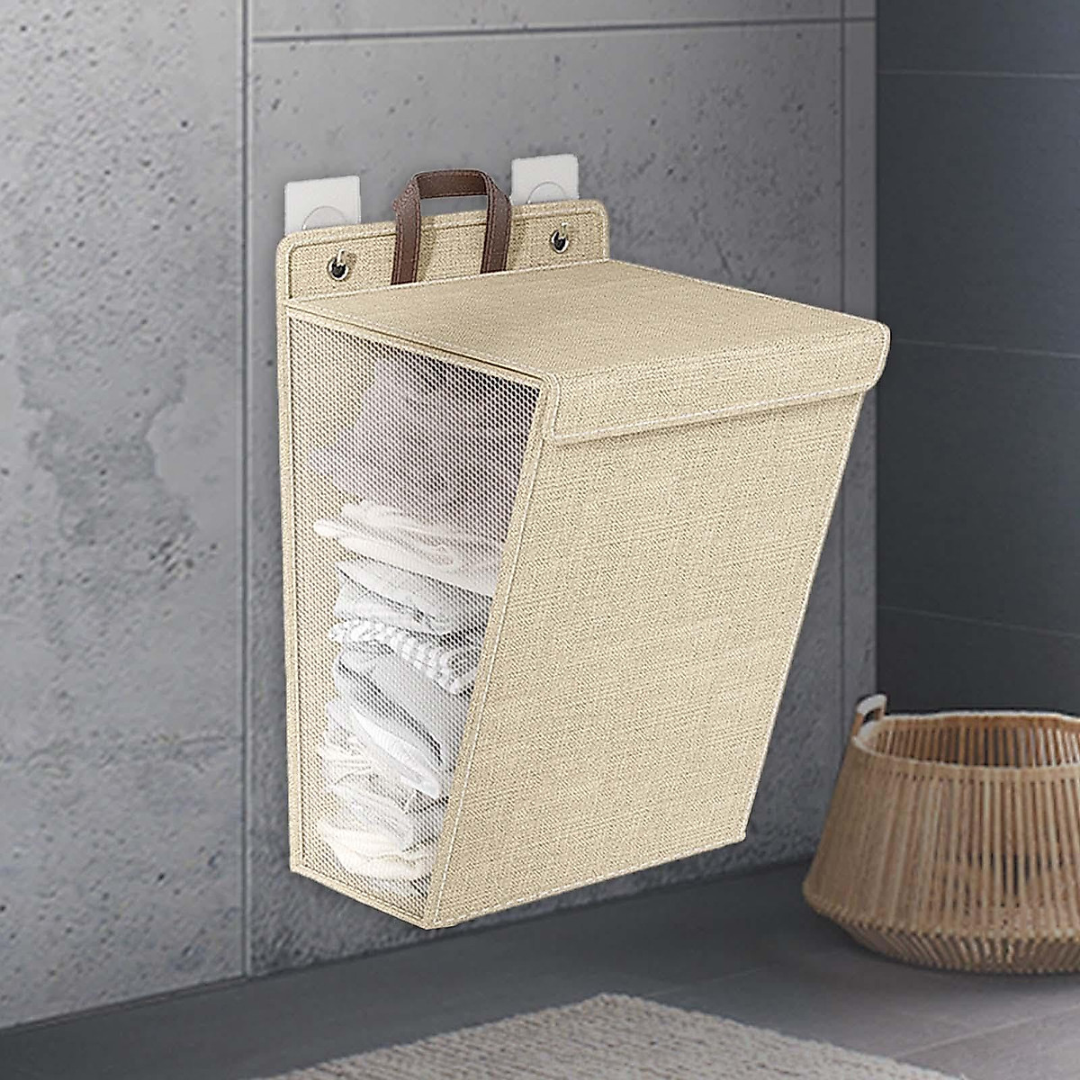 Collapsible Hanging Laundry Basket Wall Mounted Laundry Storage Basket with Carry Handle, Large Capacity Laundry Hamper for Bedroom, Blanket, Beige Medium
