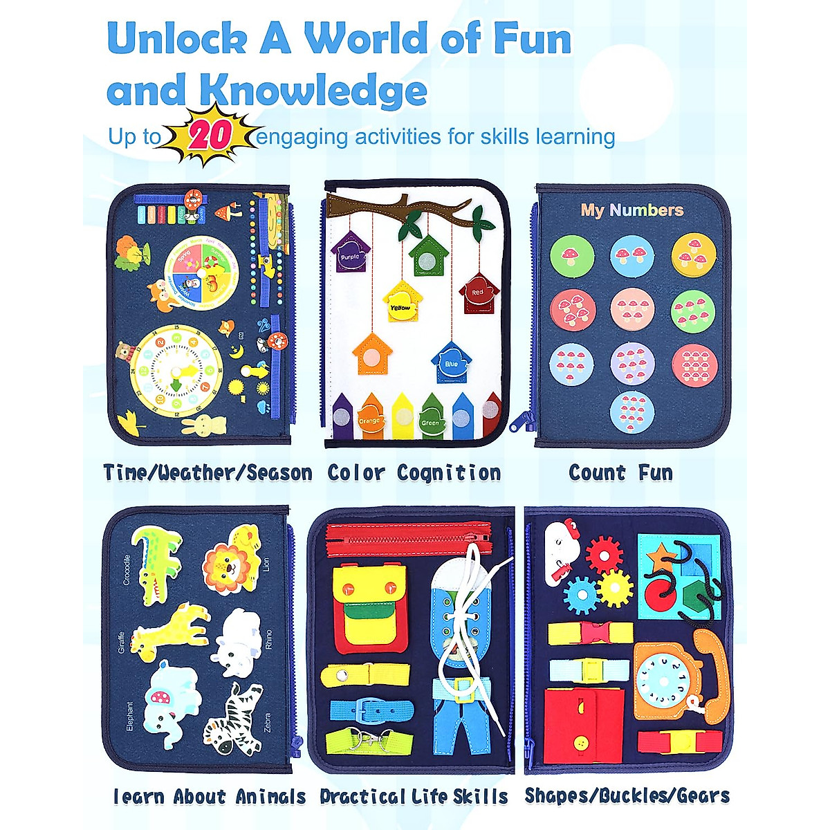 VARANO Montessori Busy Board Book Toy for 1 2 3 Year Old, Educational Sensory Toys for Toddlers 1-3, Car & Airplane Activities for Travel and Learning – Gifts for Boys and Girls (Jungle Animals)