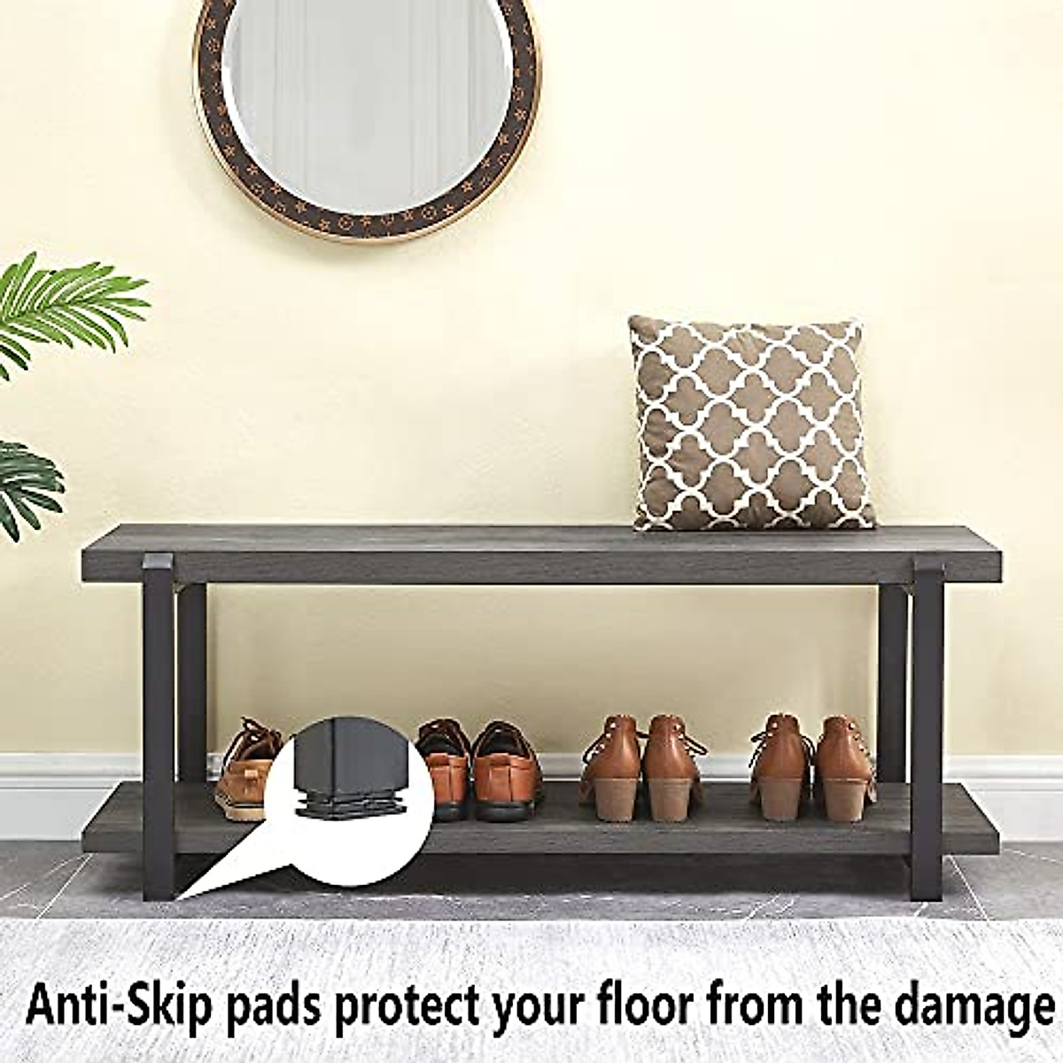 EXCEFUR Shoe Bench, Industrial Entryway Bench with Storage, Rustic Wood and Metal Shoe Rack Bench Seat, Grey