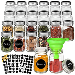 Spice Jars with Label 4oz 24Pcs, AuroTrends 4oz Glass Jars with Lids 24Pack Complete Set-Round Glass Spice Jars with Shaker Lids | Pre-printed Labels & Blank Labels | Chalk Marker | Straw Brush | Funnel