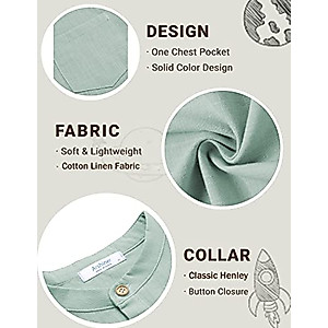 Arshiner Boys Cotton Linen Henley Button Down Shirt Short Sleeve Casual Dress Beach T Shirts with Pocket Light Green