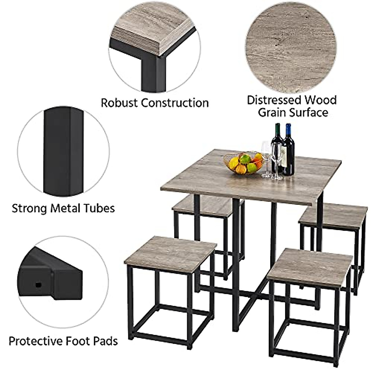 Yaheetech 5-Piece Dining Table Set - Industrial Kitchen & Chairs Sets for 4 Compact with Stools Space-Saving Design Apartment, Small Space, Breakfast Nook, Gray