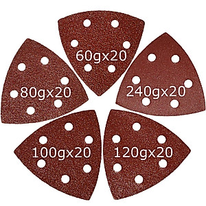 XXGO 3-1/2 Inch 90mm Triangular 60/80 /100/120 /240 Grits Hook & Loop Multitool Sandpaper Contains 20 of Each Fit 3.5 Inch Triangular Oscillating Multi Tool Sanding Pads Pack of 100 XG9010
