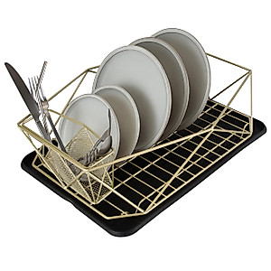 Kitchen Details Utensil Holder Tray Geode Deluxe Dish Drying Rack with Drain Board, Cutlery Basket, Iron Frame, Satin Gold