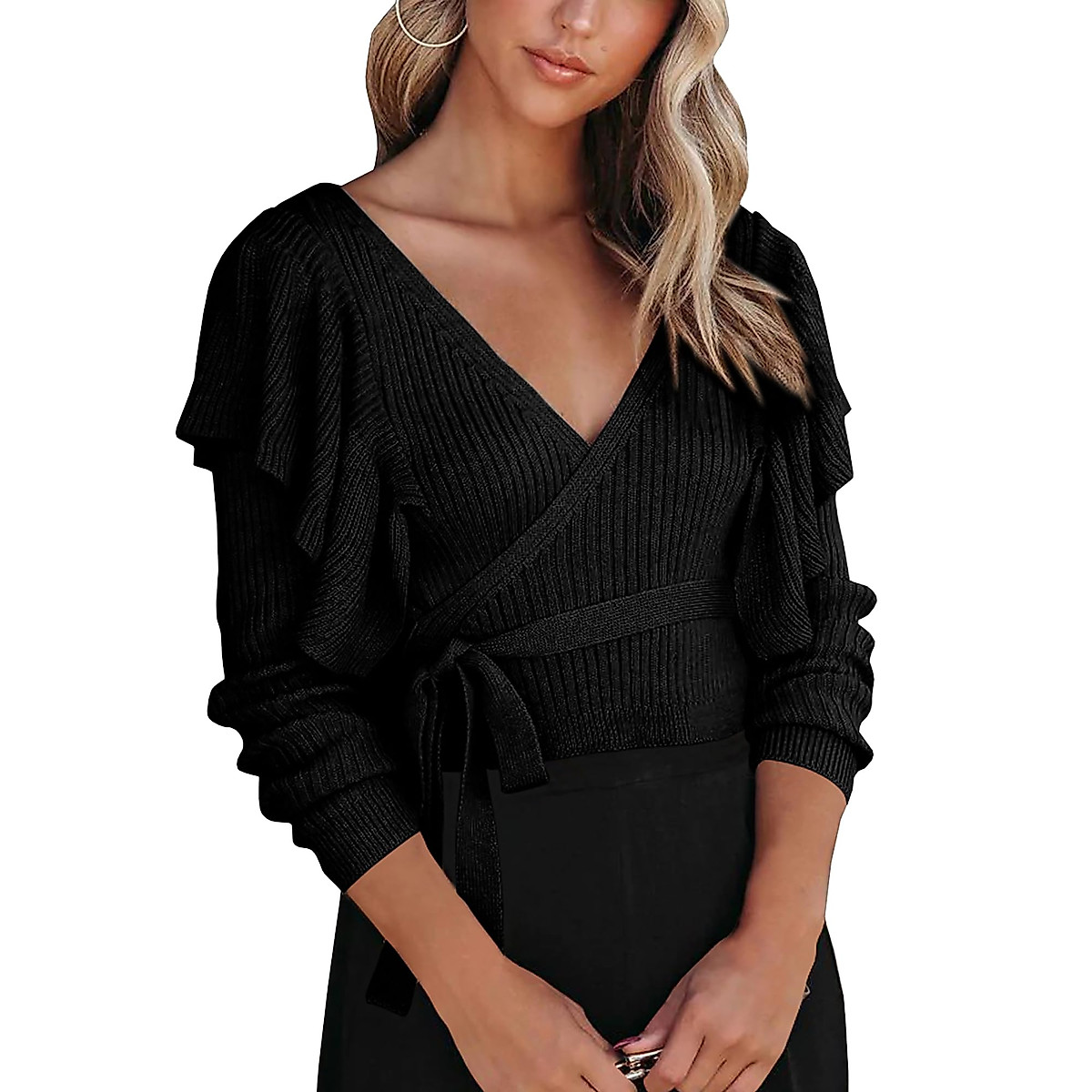 KIRUNDO Women's 2024 Fall Fashion Long Sleeve Cropped Wrap V Neck Sweater Ruffle Tie Waist Slim Fit Ribbed Knit Pullover (Black, Medium)