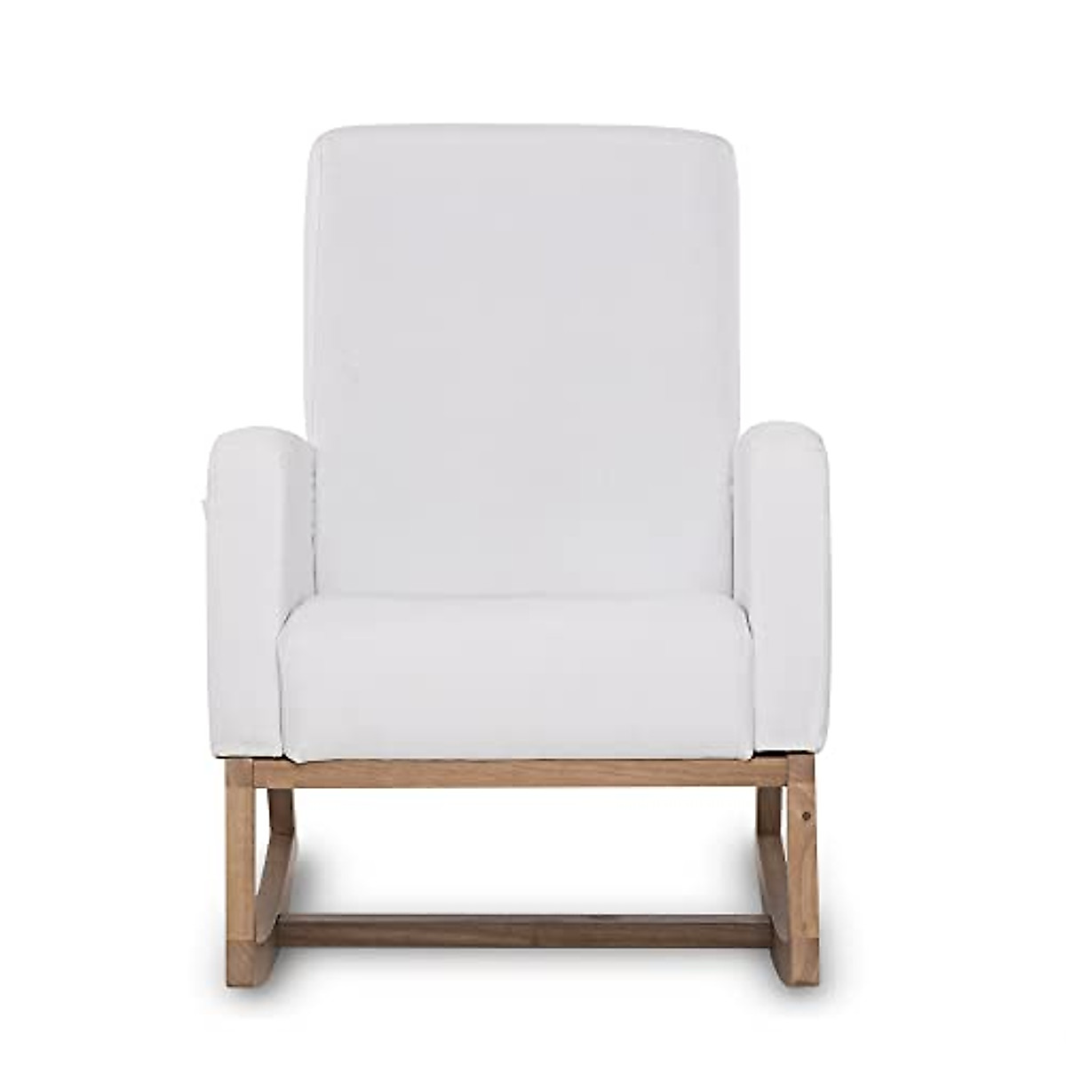 Paddie Rocking Chair Nursery, Fabric Rocking Armchair with Solid Wood Base/Side Pocket, Linen Fabric Upholstered Accent Chairs for Living Room (White)