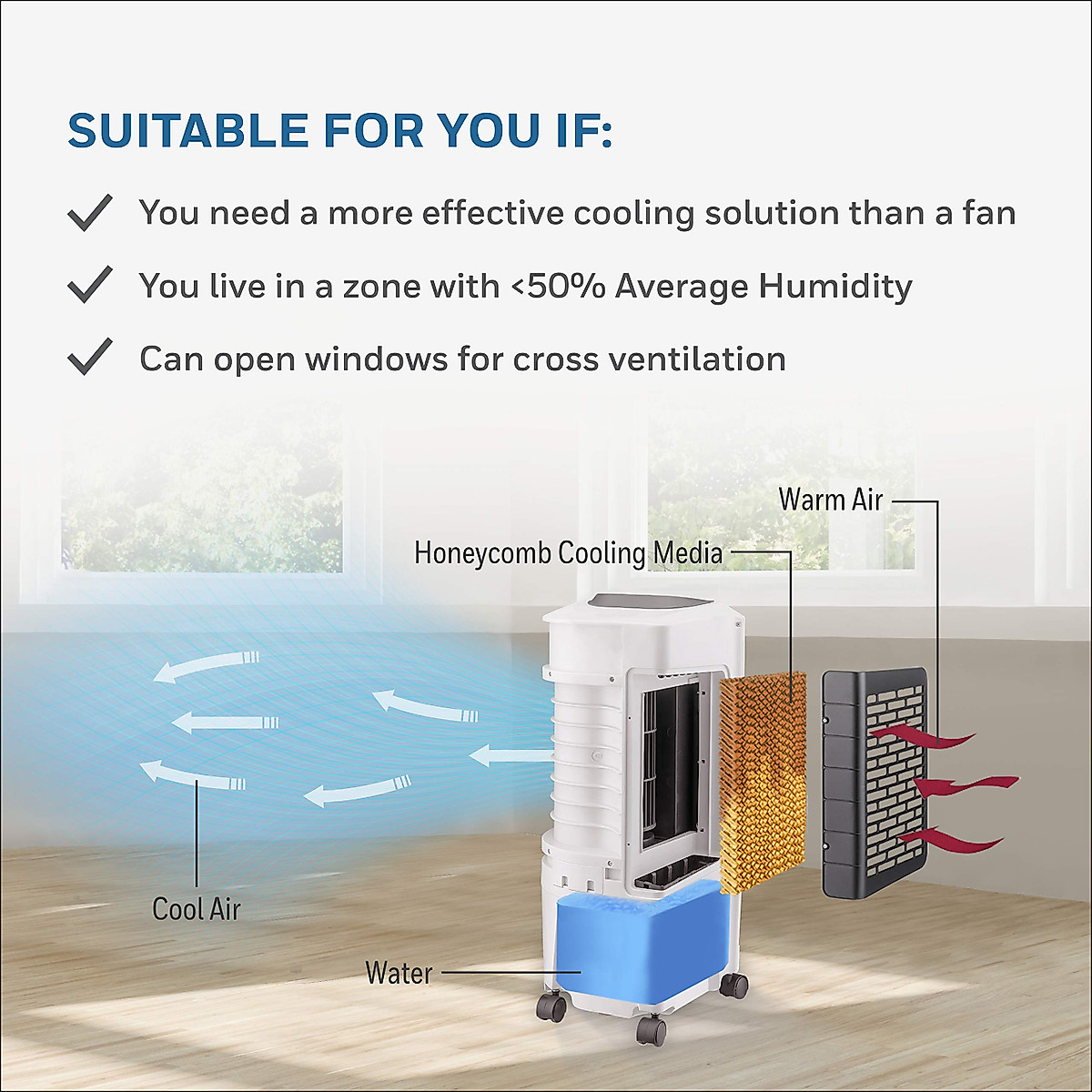Honeywell 200 CFM Indoor Portable Evaporative Air Cooler with Fan and Humidifier for Living Room, Basement, Office, and Play Area, 115V, Evaporative Cooler for Rooms up to 108 Sq. Ft. with Remote