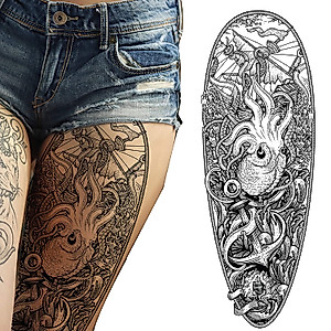 Tatodays 2 x Temporary tattoo full arm caribbean pirate kraken stick on body art transfer for women and men cosplay halloween adult temp tattoo for arms fancy dress