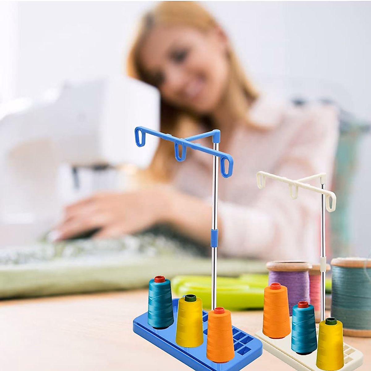 Vuzvuv 2 Pack Thread Holders - Organizer for Embroidery & Sewing Machines, Holds 3 Spools, Suitable for Beginners & Adults, White-Blue