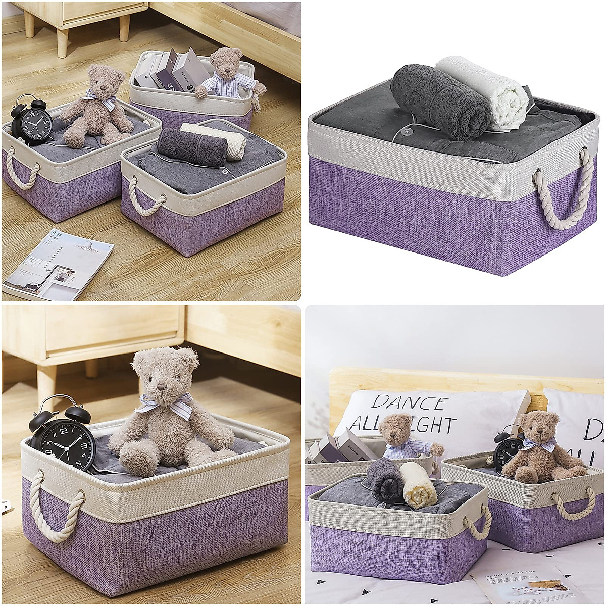 Vinssin Large Storage Basket ,Foldable Purple Basket with Handles, Gift Basket Empty,Canvas Fabric Storage Bin for Organizing,Cupboards, Shelves, Clothes, Toys, Towel, (Purple+White,1 Pack)