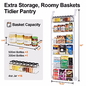 Delamu Over the Door Pantry Organizer, 6-Tier Pantry Organizers and Storage, Metal Cabinet Door Organizer, Hanging Spice Rack Shelves for Home & Kitchen, D5 x W18 x H50 inch, White